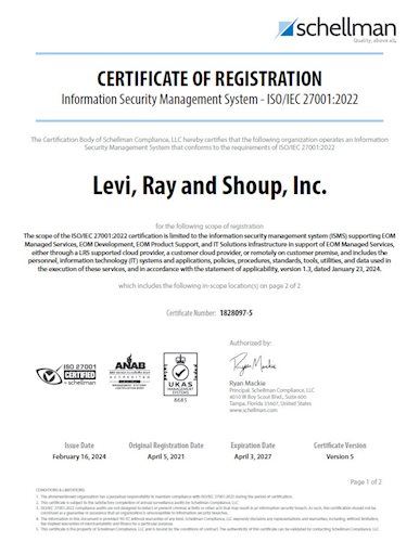 LRS Expands Scope of ISO 27001 Certification | Levi, Ray & Shoup inc.